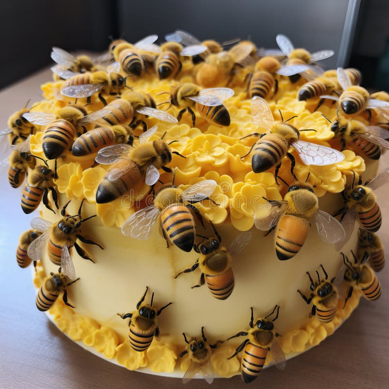 Cake with White Icing and Bees. Illustration Created with Artificial ...