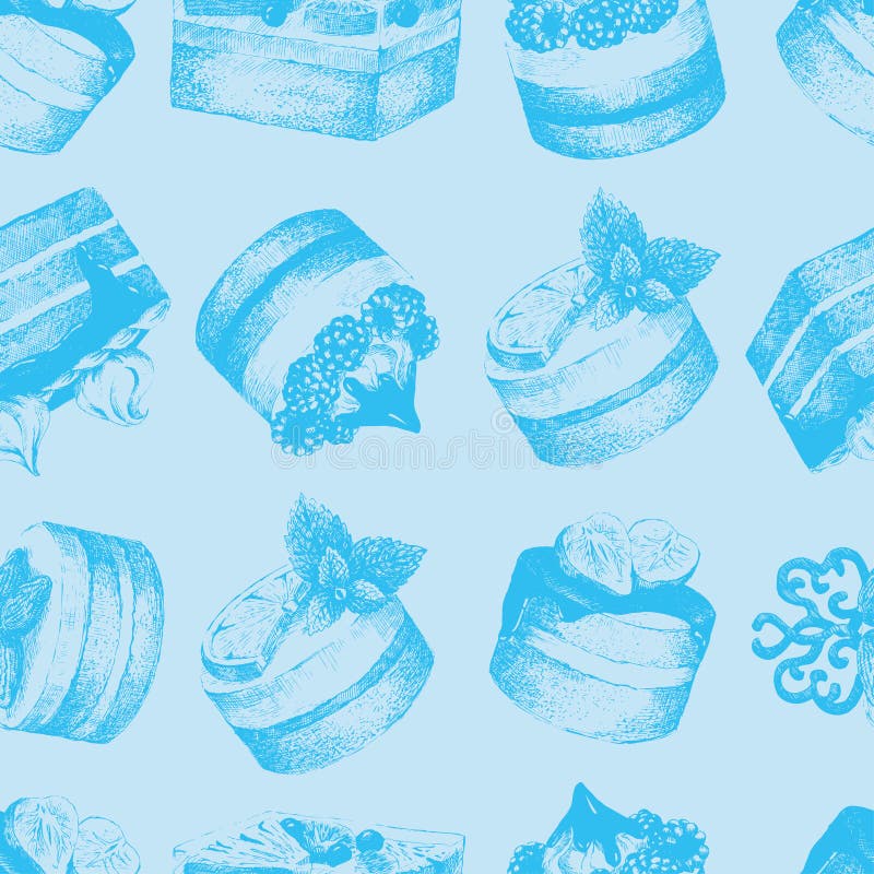 Cakes Blue Seamless Pattern Stock Vector - Illustration of line, dough ...