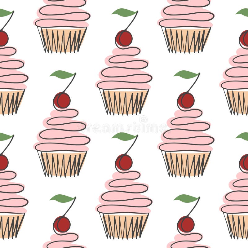 Cakes with Cream and Cherry Seamless Pattern Vector Illustration Stock ...