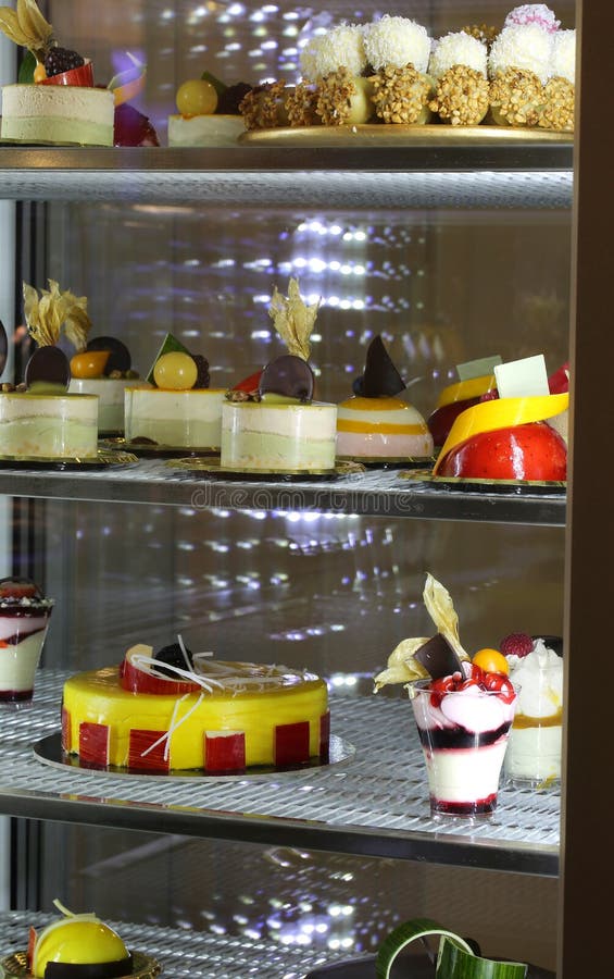 Cakes and Desserts at the Restaurant Inside the Refrigerator Stock ...