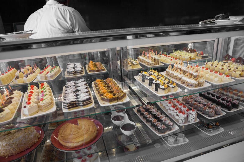 Cakes on a Showcase in a Restaurant Stock Image - Image of cheese ...