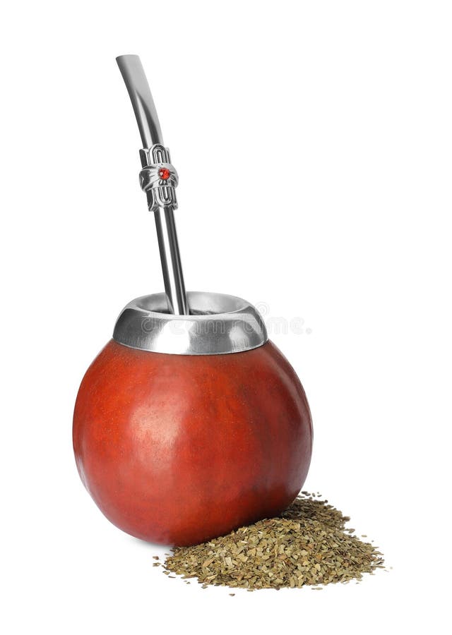 Calabash, Bombilla and Pile of Mate Tea on White Background Stock Photo ...