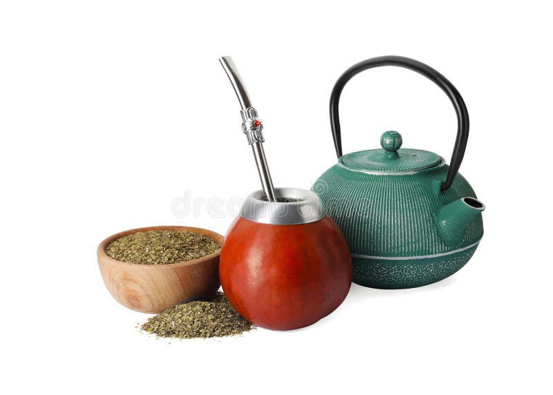 Calabash, Bombilla, Teapot and Bowl of Mate Tea on White Background ...