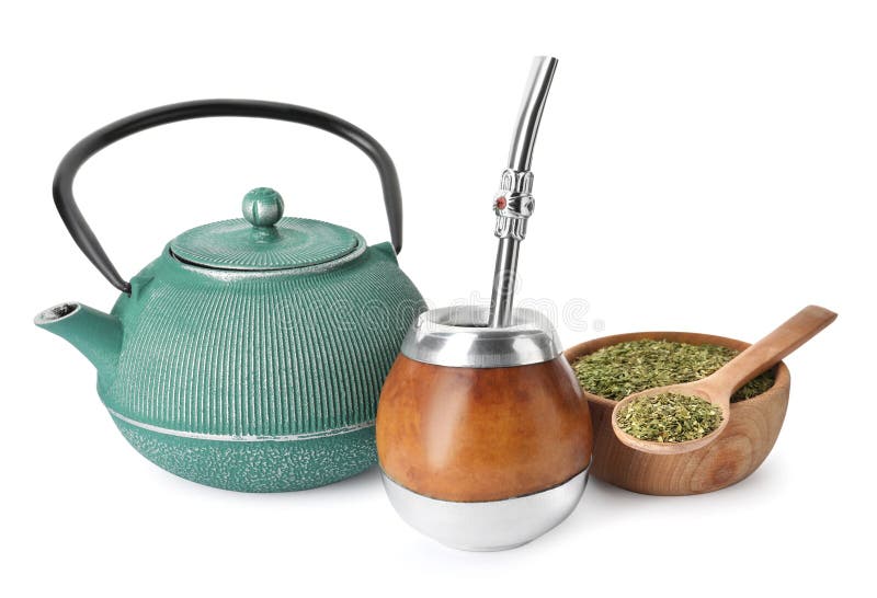 Calabash, Bombilla, Teapot and Bowl of Mate Tea on White Background ...