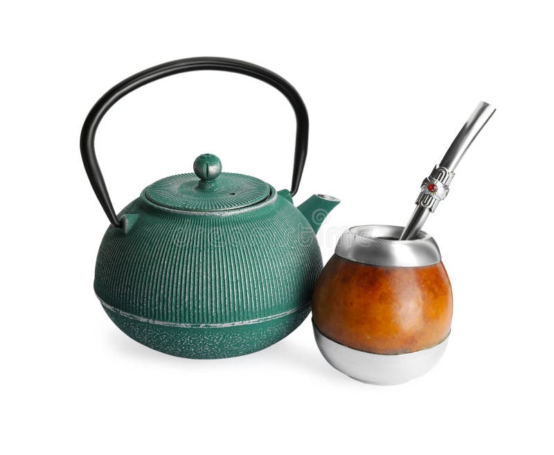 Calabash with Mate Tea, Bombilla and Teapot on White Background Stock ...