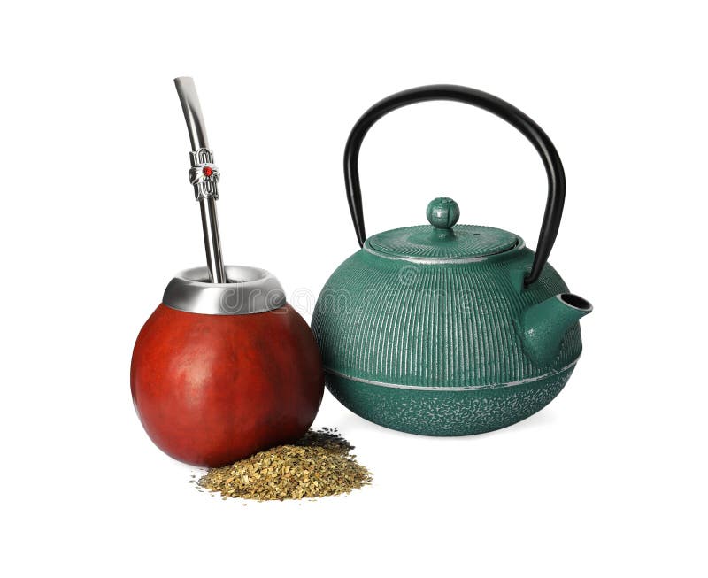 Calabash with Mate Tea, Bombilla and Teapot on White Background Stock ...