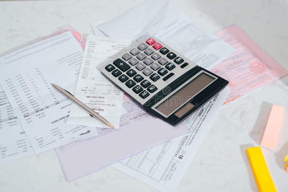 Calculate, Analyze Report Results on Office Desk Stock Image - Image of ...