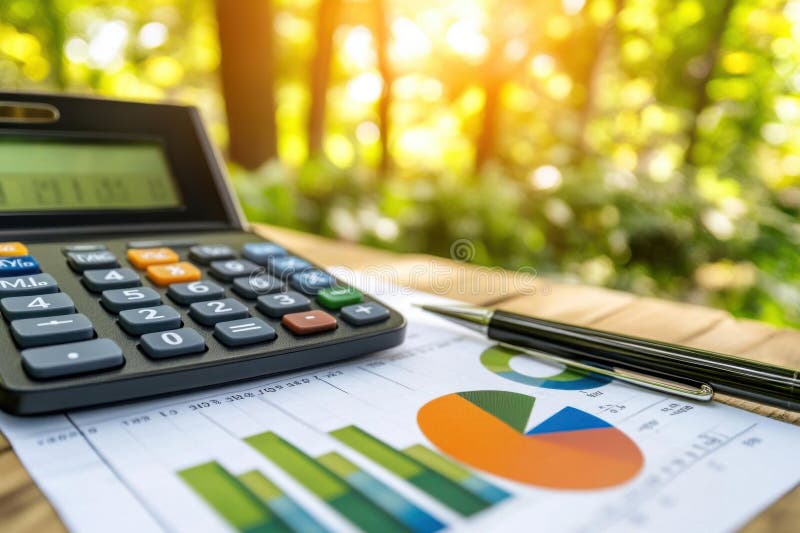 Calculate Financial Data and Analyze Charts with Calculator, on Wooden ...