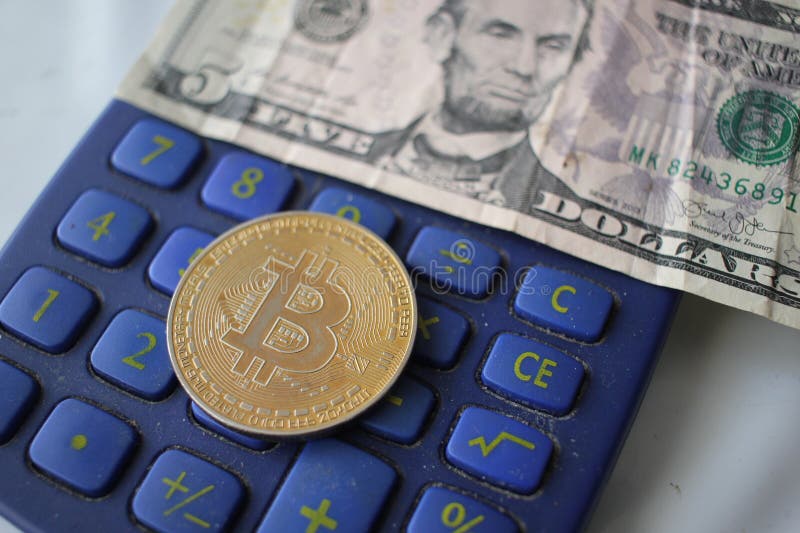 Calculator , Bitcoin and Five Dollar Bill Stock Photo - Image of ...