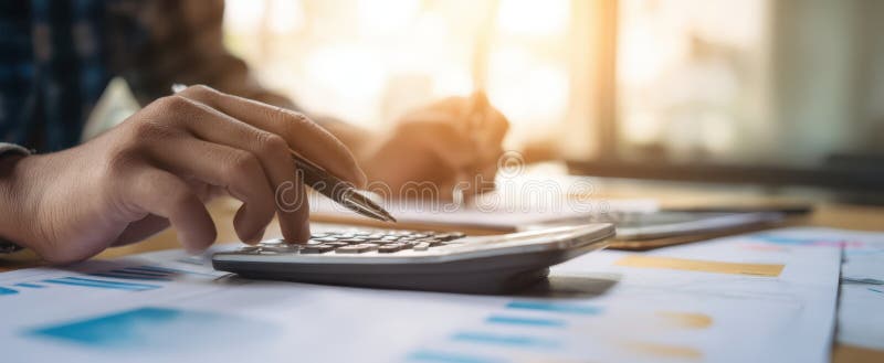 The Calculation Process with a Calculator and Financial Documents on a ...