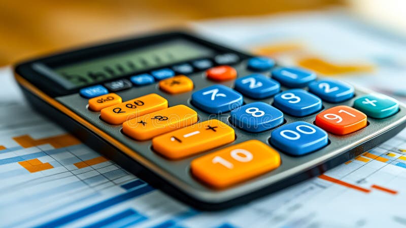 Calculator with a Blue and Orange Face Sits on a Piece of Paper with a ...