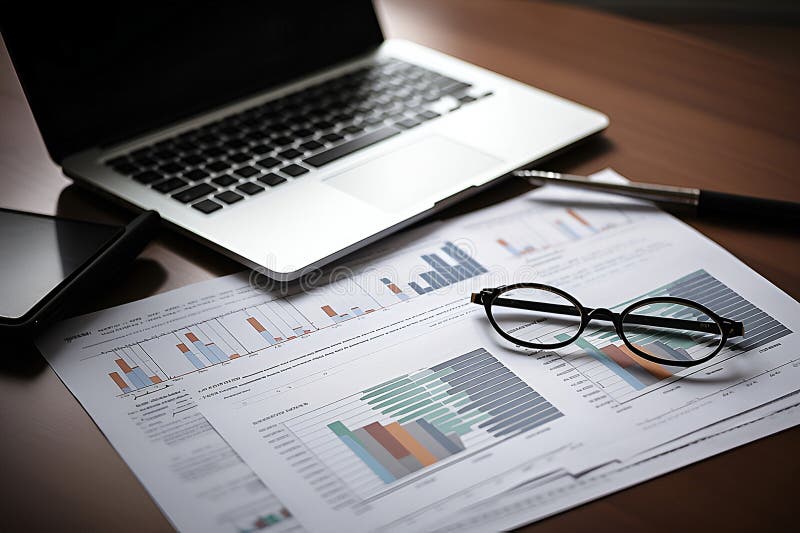 Calculator on Business Report Papers with Charts and Data. Business ...