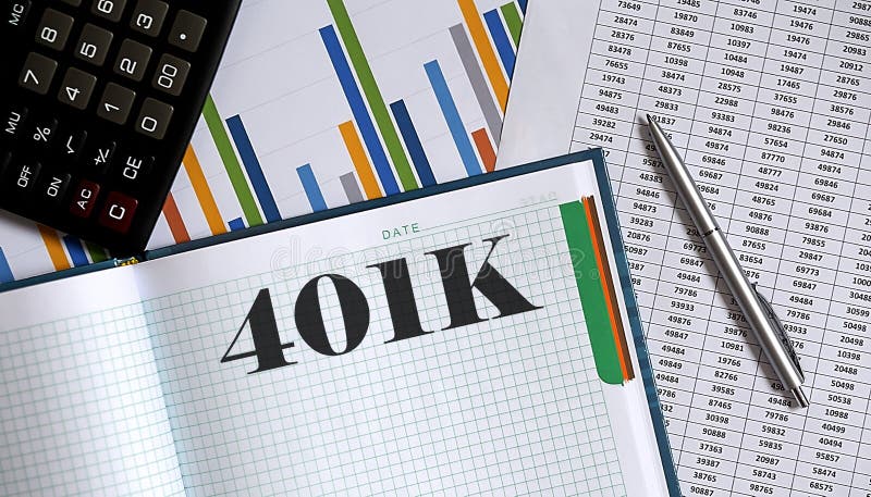 Calculator , Chart, Notepad, Paper and Pen on Table. Text 401k Stock ...