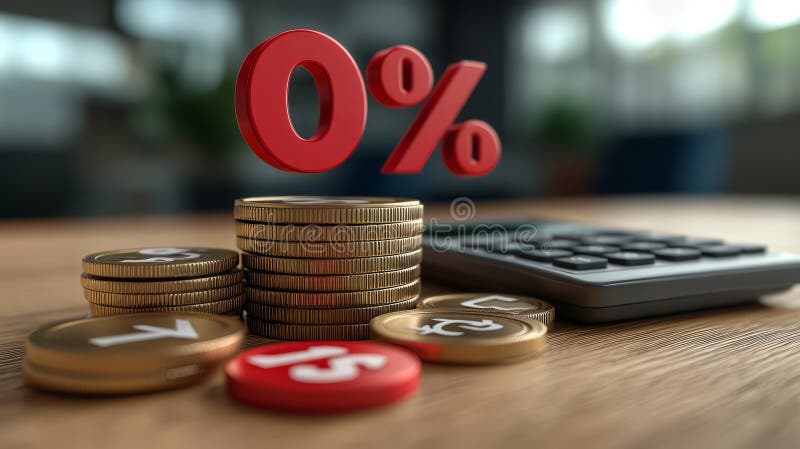 A Calculator, Coins, and a Zero Percent Symbol Representing Financial ...