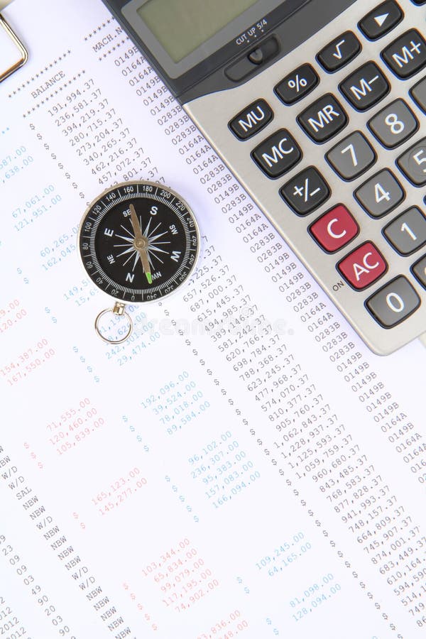 Calculator and Compass on Bank Statement Stock Image - Image of ...