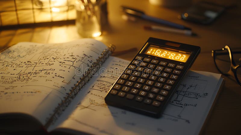 Calculator Device on Desk with Notebook, Glasses, and Pen Stock Image ...
