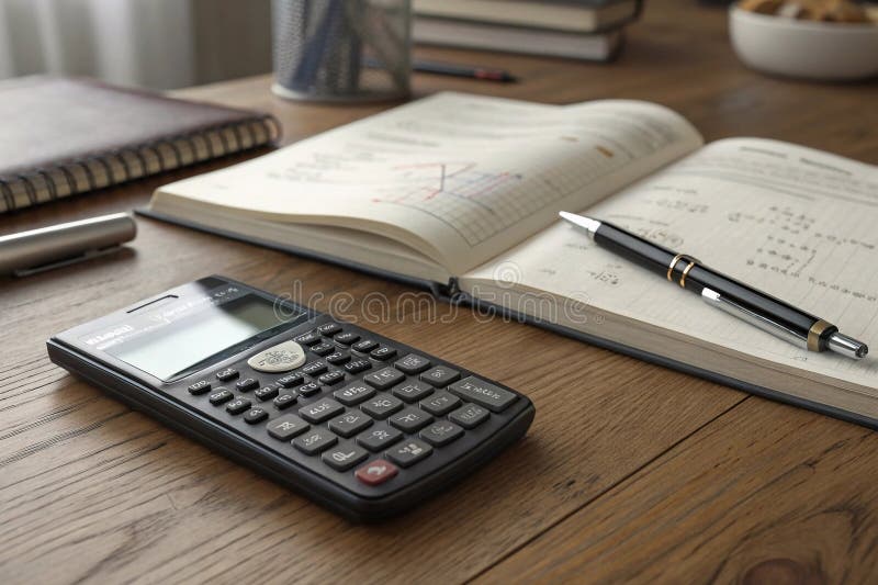 A Calculator on a Desktop Next To a Pen and an Open Math Textbook ...