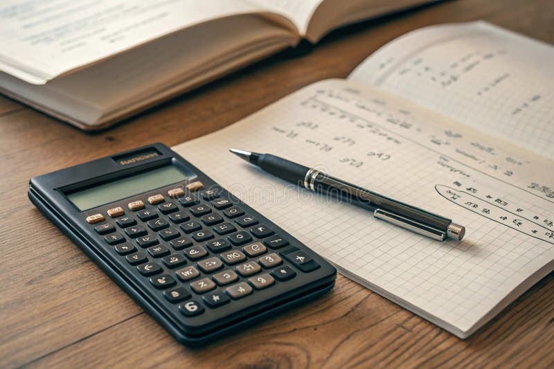 A Calculator on a Desktop Next To a Pen and an Open Math Textbook ...