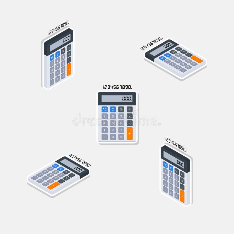 Calculator and Digital Number Isometric & Flat White Stroke and Shadow ...