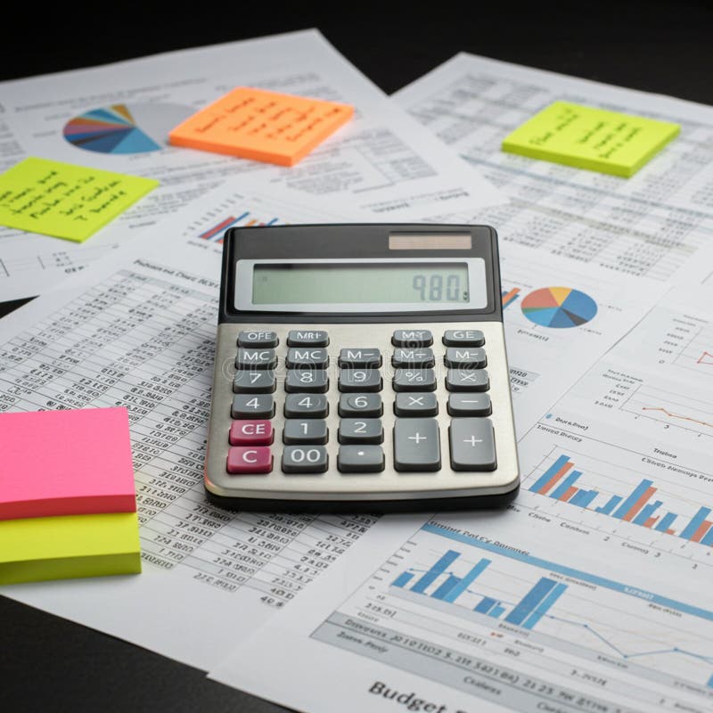 A Calculator Displaying "980.0" is Placed on Top of Financial Documents ...