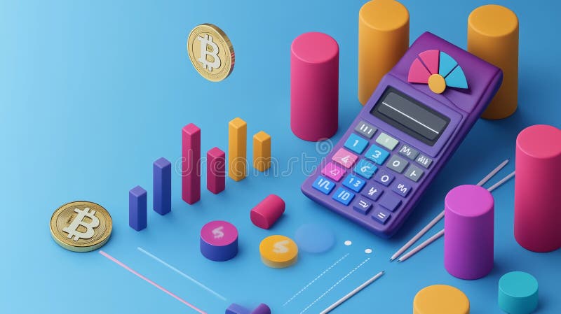 Colorful Calculator with Cryptocurrency Coins and Bar Graphs ...