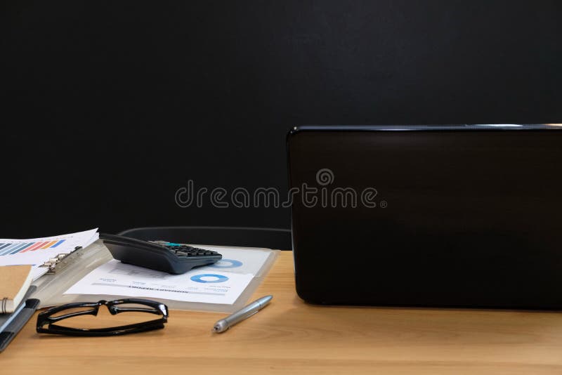 Calculator, Document Computer on Desk at Office Workplace. Business ...