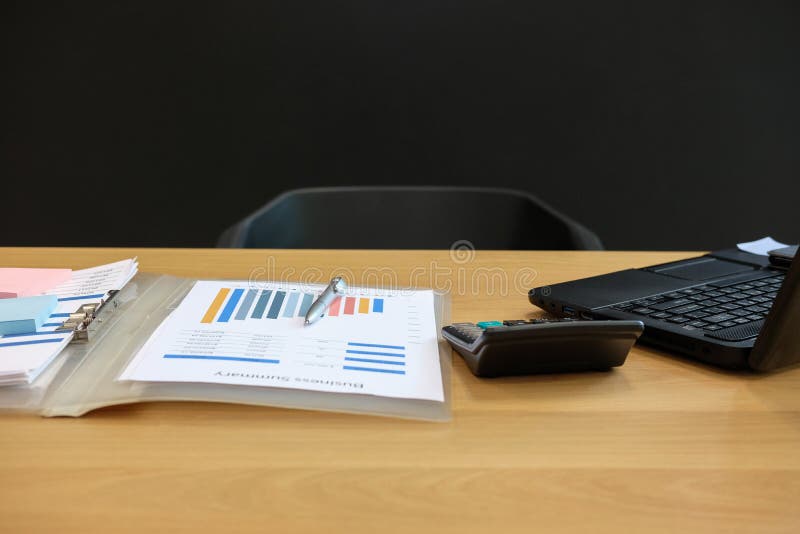 Calculator, Document Computer on Desk at Office Workplace. Business ...