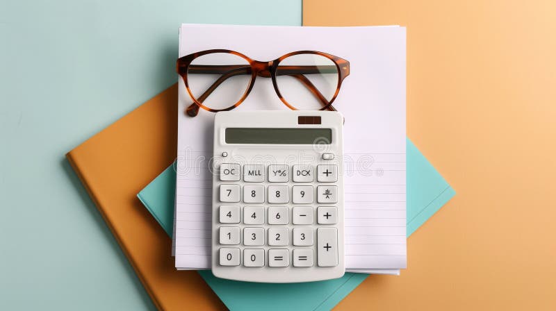 A Calculator and Eyeglasses Lay on a Stack of Notebooks Stock Image ...