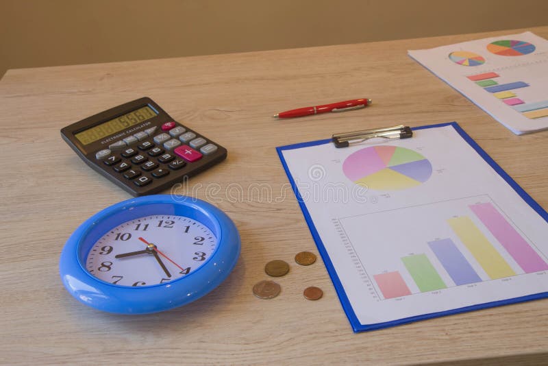 Calculator on Financial Charts and Graphs, Collage with Clock. Clock ...