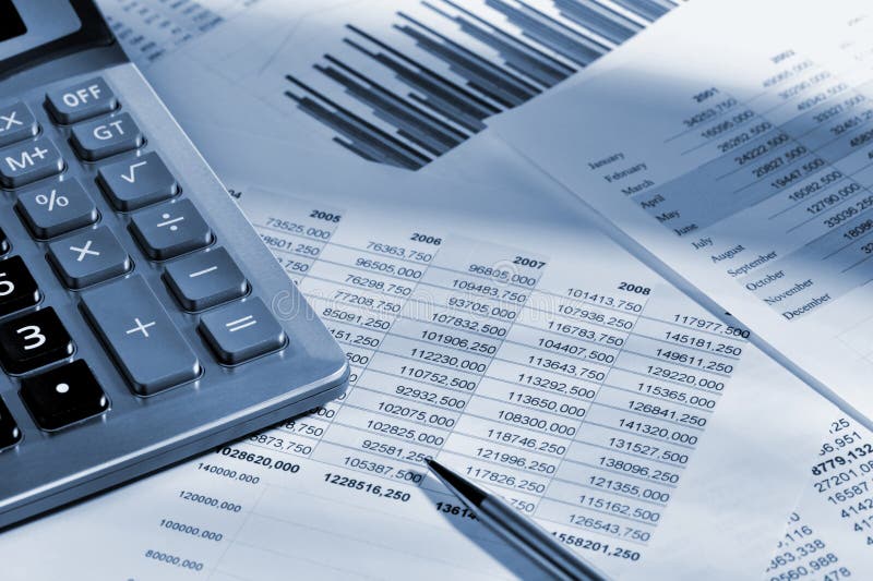 Calculator on Financial Report with Blue Background Stock Photo - Image ...