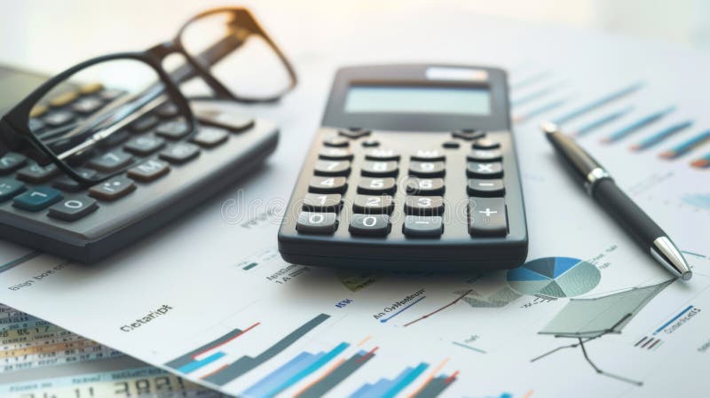 A Calculator, Glasses, and a Pen Rest on a Financial Chart..AI ...