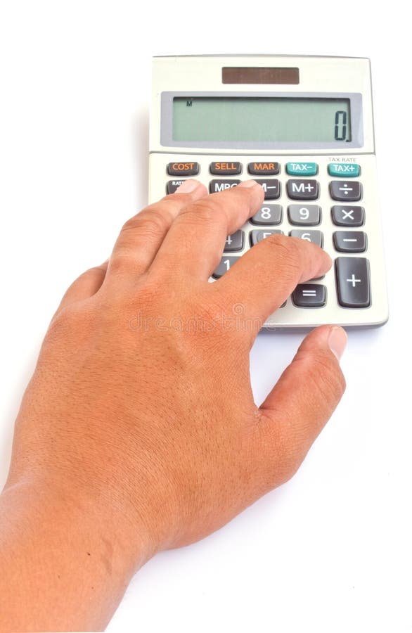 Calculator with Hand Isolated Stock Photo - Image of press, mathematics ...
