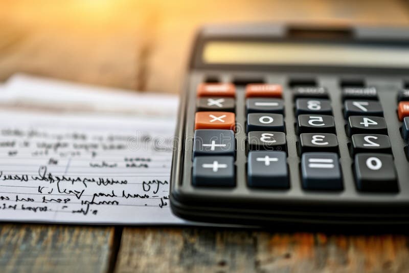 Calculator and Handwritten Notes on a Wooden Table during Afternoon ...