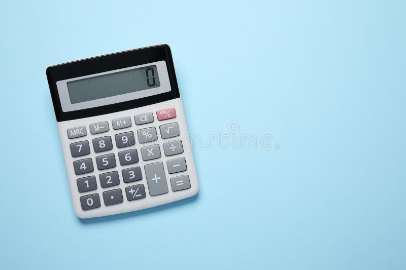Calculator on Light Blue Background, Top View. Space for Text Stock ...
