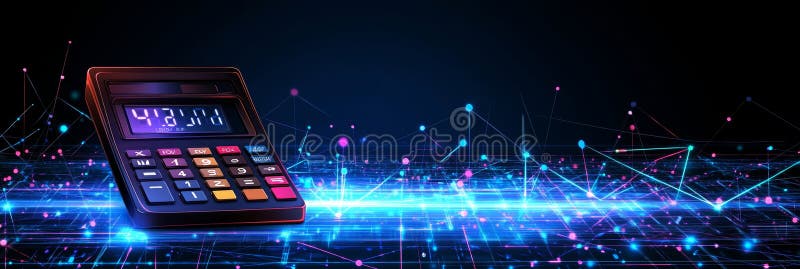 Calculator on Luminous Abstract Network Technology Background with Blue ...