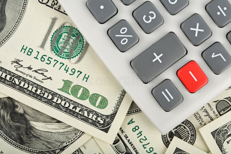 Calculator with Minus Red Button Over Dollars Stock Image - Image of ...