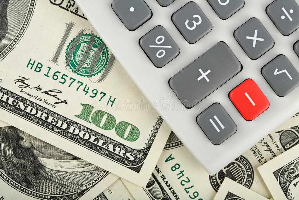 Calculator with Minus Red Button Over Dollars Stock Image - Image of ...