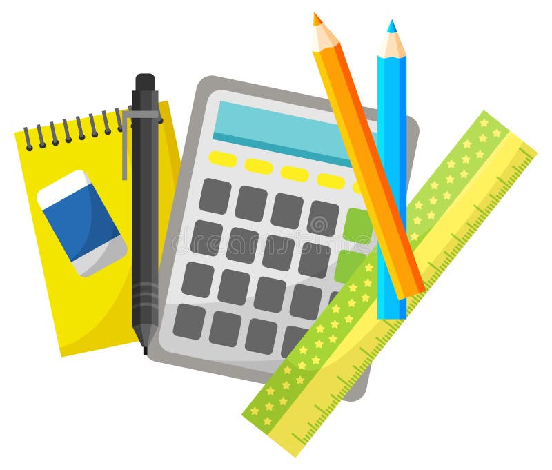 Calculator and Notebook with Pencil and Pen Set Stock Vector ...