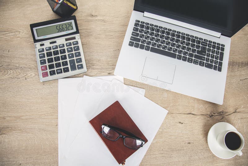 Calculator with Notepad and Computer Stock Photo - Image of work, mouse ...