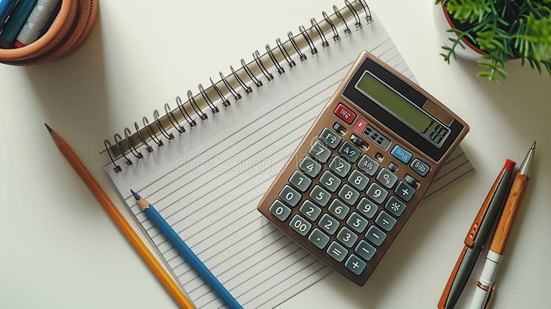 Calculator, Notepad, and Pens on White Desk Stock Illustration ...