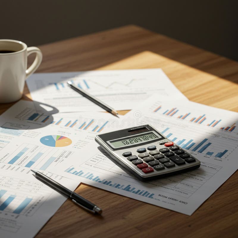 Calculator, Papers with Graphs, and Writing Tools on a Wooden Desk. the ...