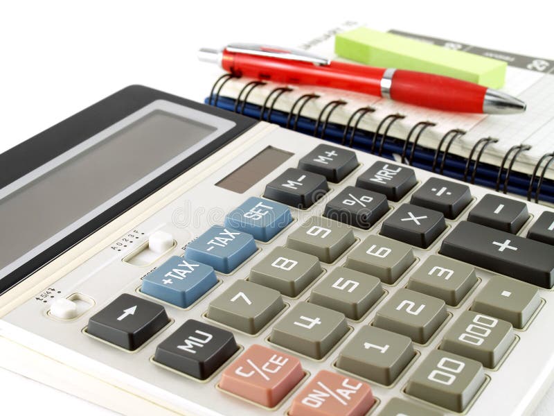 White Calculator with Colorful Keypad Buttons and Red Pen with Green ...