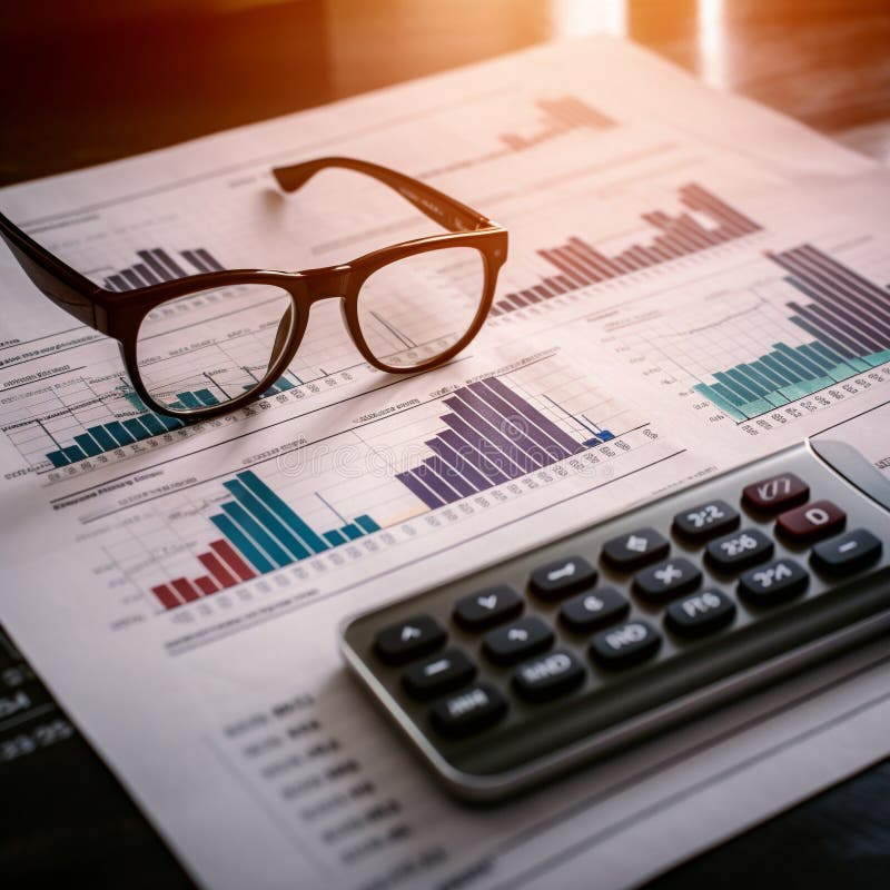 Calculator and Pen with Financial Report and Charts in the Background ... Calculator and Pen with Financial Report and Charts in the Background ...