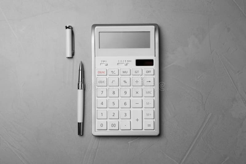 Calculator and Pen on Grey Table, Top View Stock Image - Image of ...