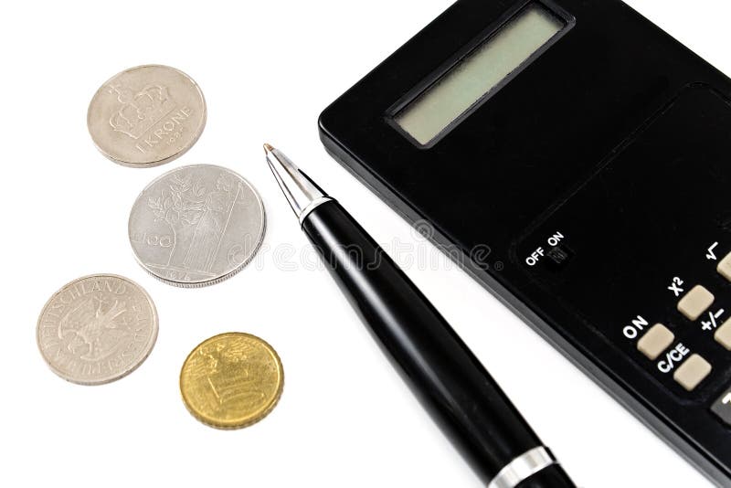 Calculator, Pen and Old European Coins Stock Image - Image of balance ...