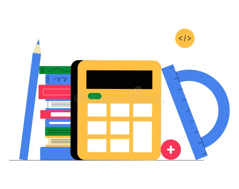 School Calculator with Books, Stationery, and Geometry Tools in Flat ...