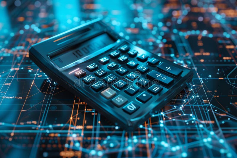 A Calculator Rests on a Digital Network Background Showing Data ...