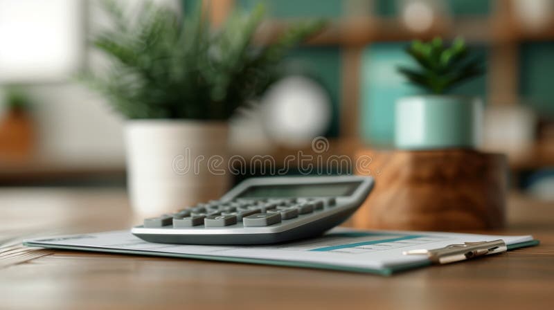 A Calculator Rests on a Ledger on a Wooden Desk Stock Image - Image of ...