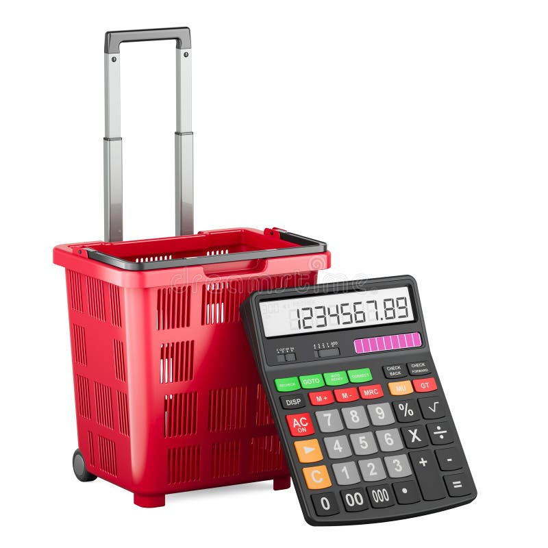 Calculator with Rolling Shopping Basket, 3D Rendering Stock ...