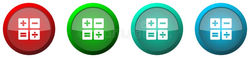 Calculator Round Glossy Web Icon Set, Colorful Buttons Isolated on ...